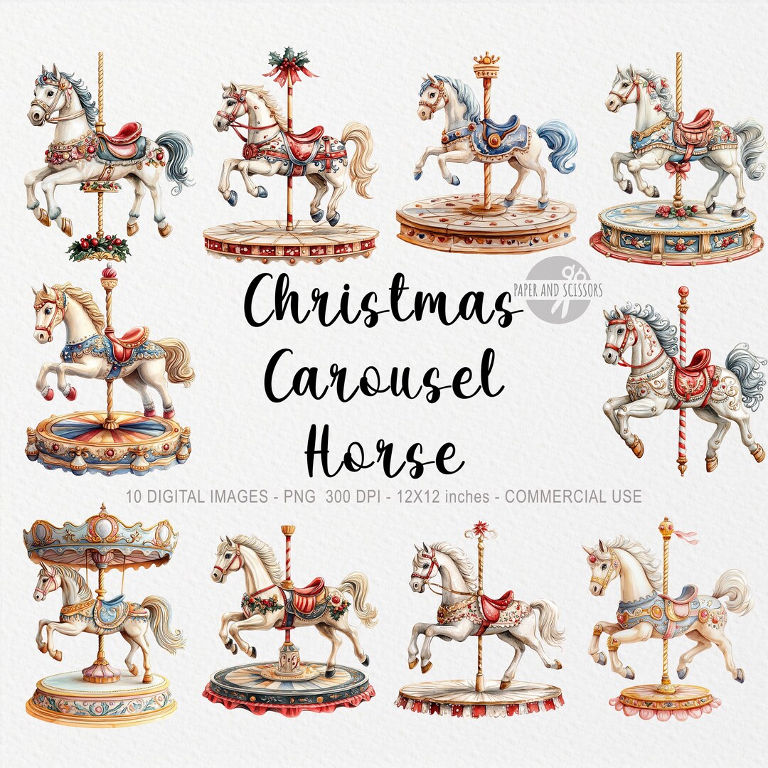 10 Christmas Carousel Horse Clip|arts, Carnival Holiday Decor PNG, Winter Market Printable ...
