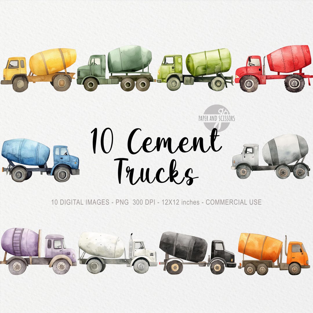 10 Cement Truck Cliparts, Truck PNG, Cute Watercolor, Construction Site ...