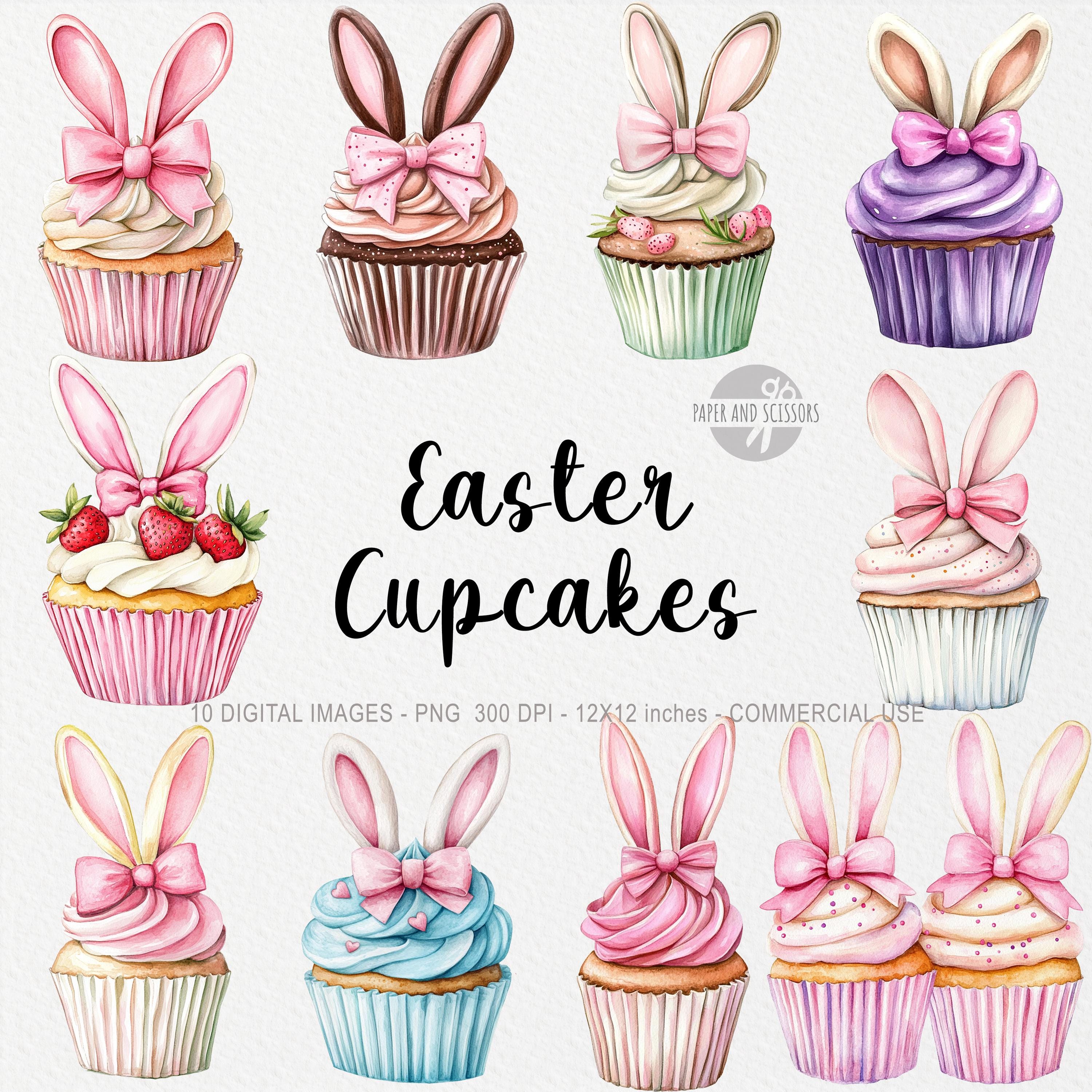 10 Easter Cupcake Cliparts, Bunny Ears PNG, Watercolor Spring, Preppy ...