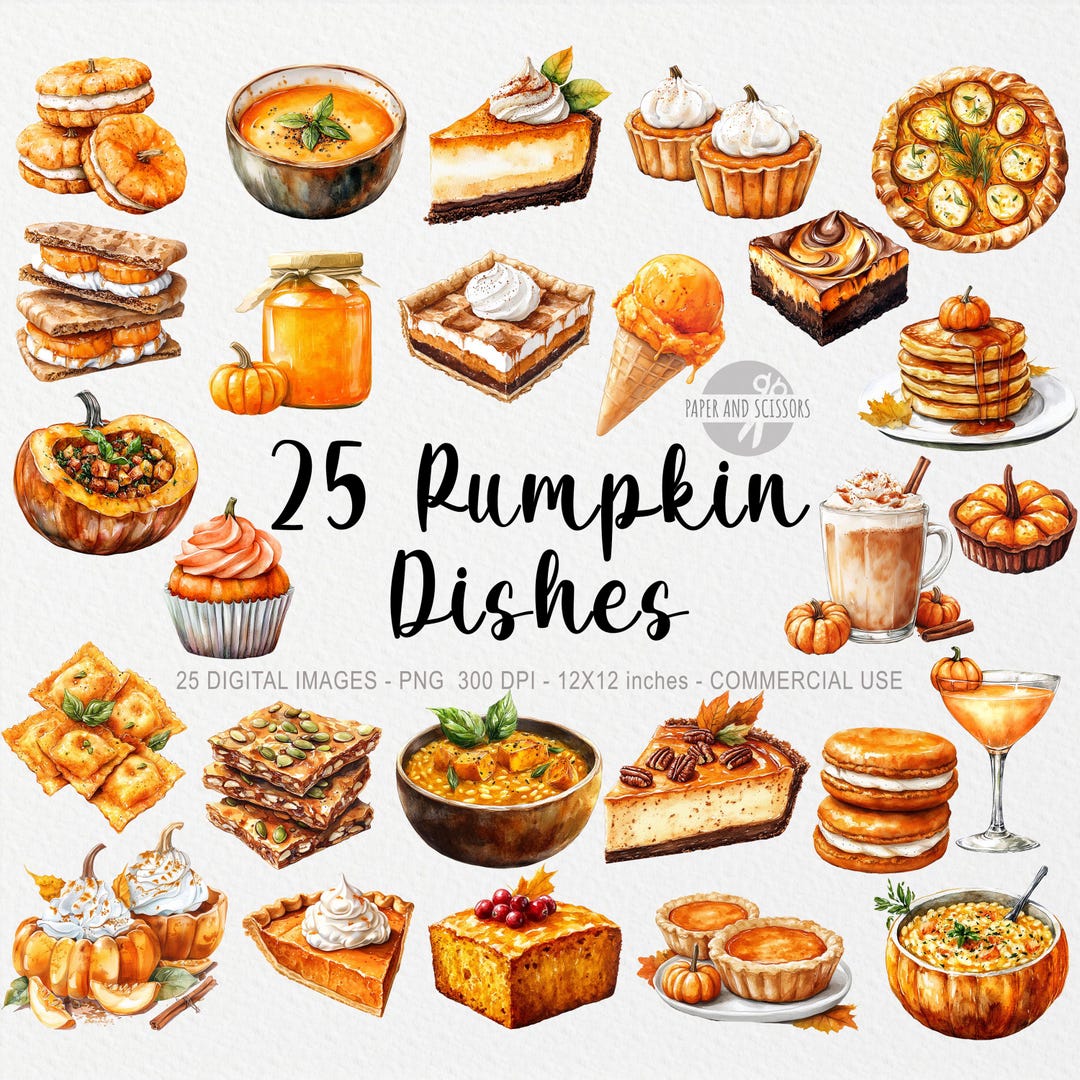 25 Pumpkin Dishes Clipart, Pumpkin Spice Dessert PNG, Thanksgiving Food ...