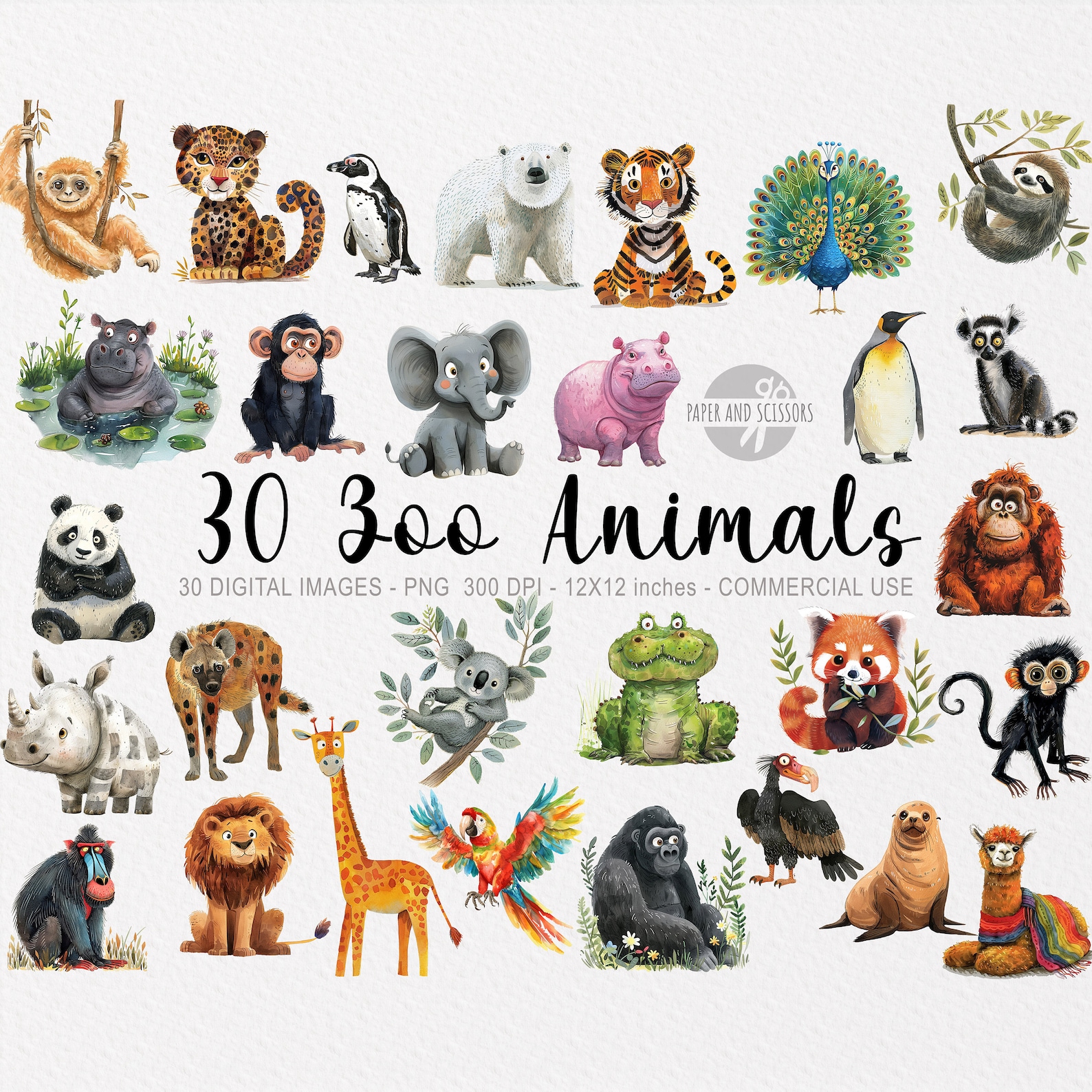 30 Zoo Animals Cliparts, Jungle Watercolor PNG, Baby Shower Wall Art ...