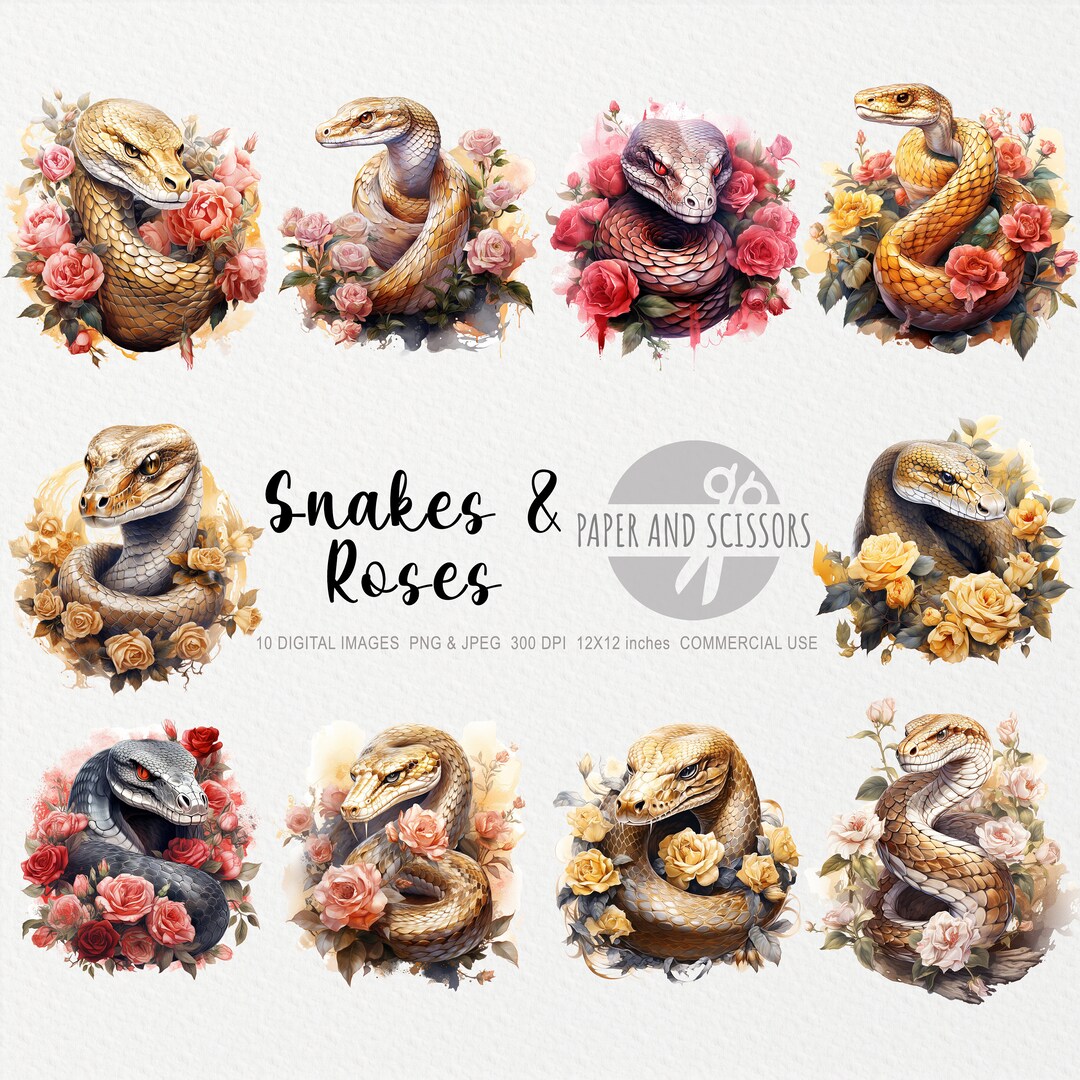 Snake and Roses Clipart, Snake PNG, Watercolor Snake Illustration, Rose ...