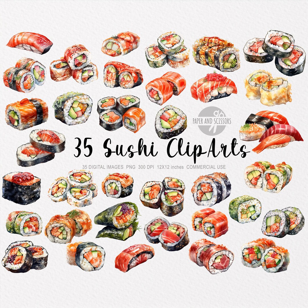 35 Sushi Pieces Clipart, Sushi PNG Illustration, Watercolor Japanese ...