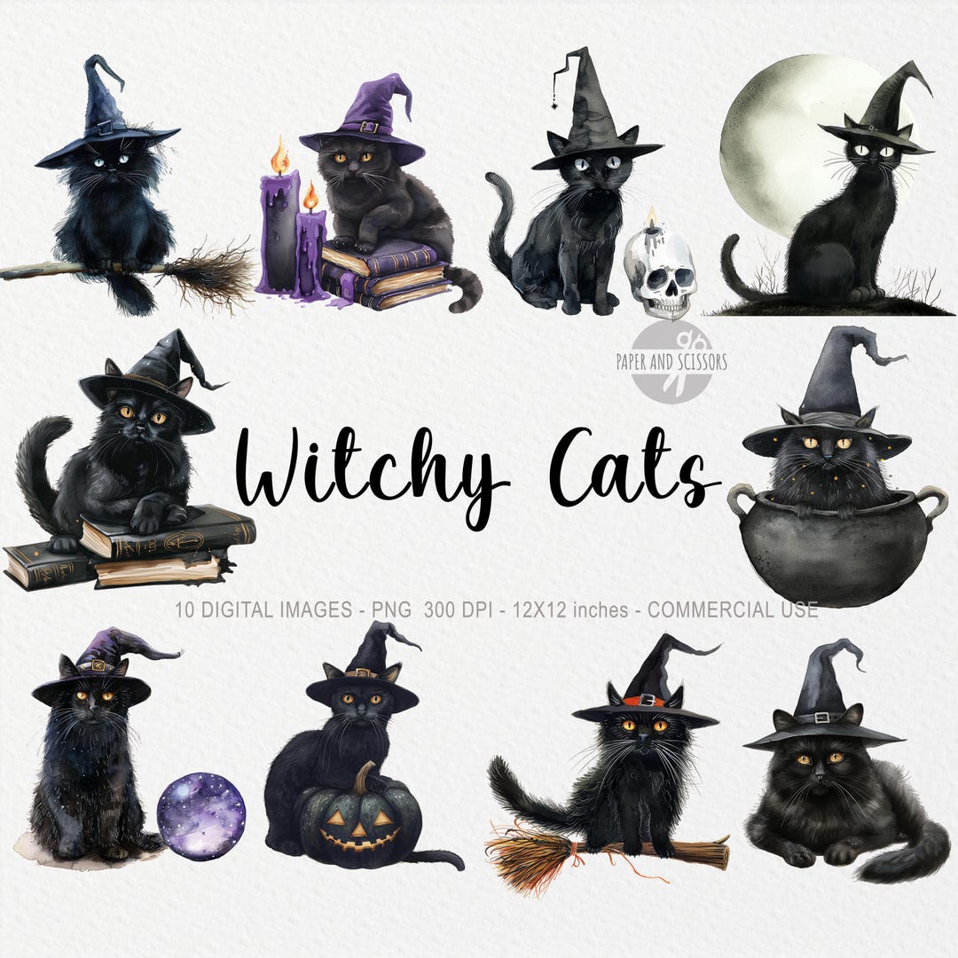 10 Witchy Black Cat Cliparts, Halloween PNG, Witch Hat, Crystal Ball ...