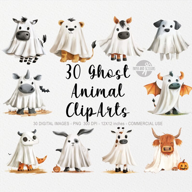 30 Ghost Animal Cliparts, Halloween PNG, Fall Design PNG, Watercolor ...