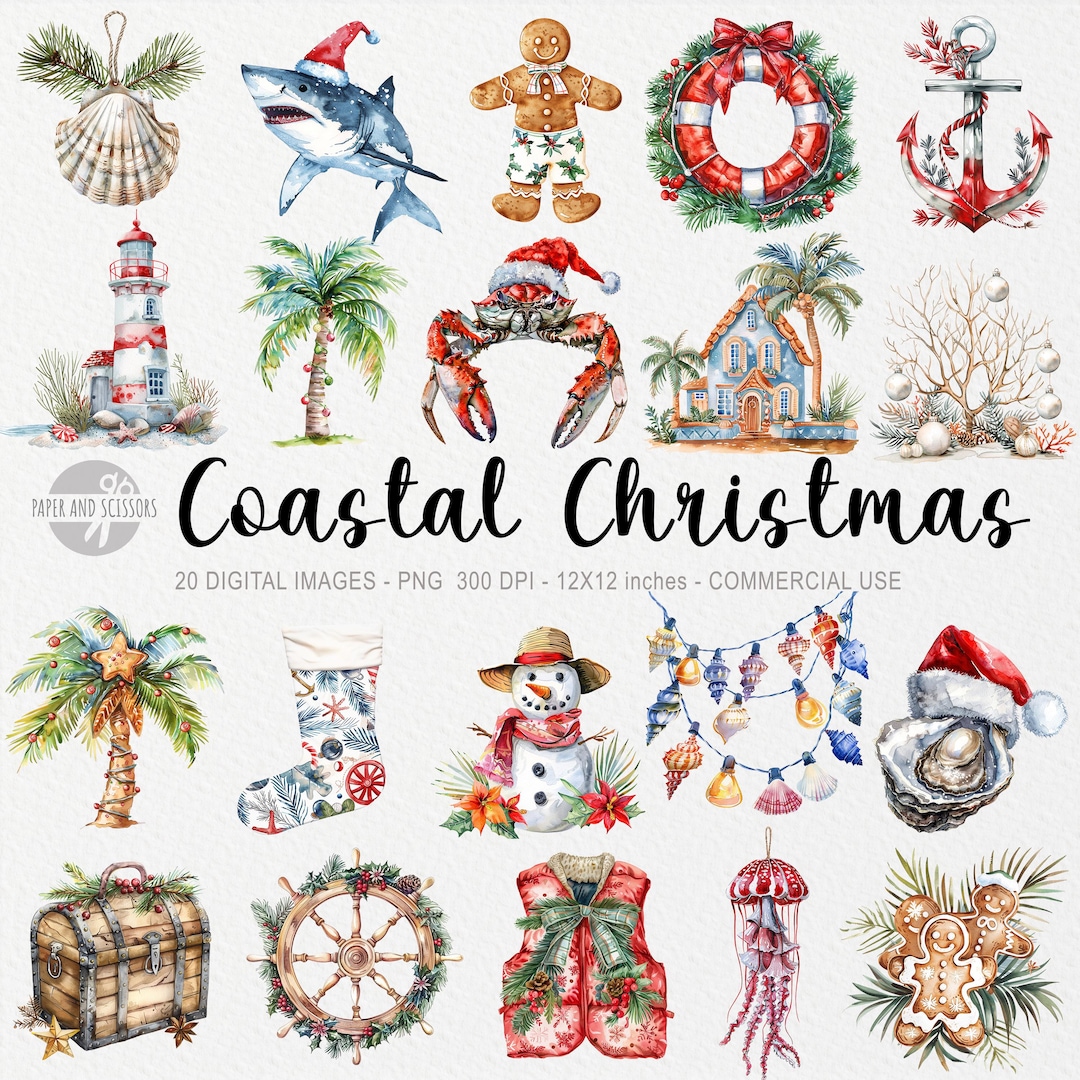 20 Coastal Christmas Cliparts, Watercolor Stickers, Beach, Nautical ...