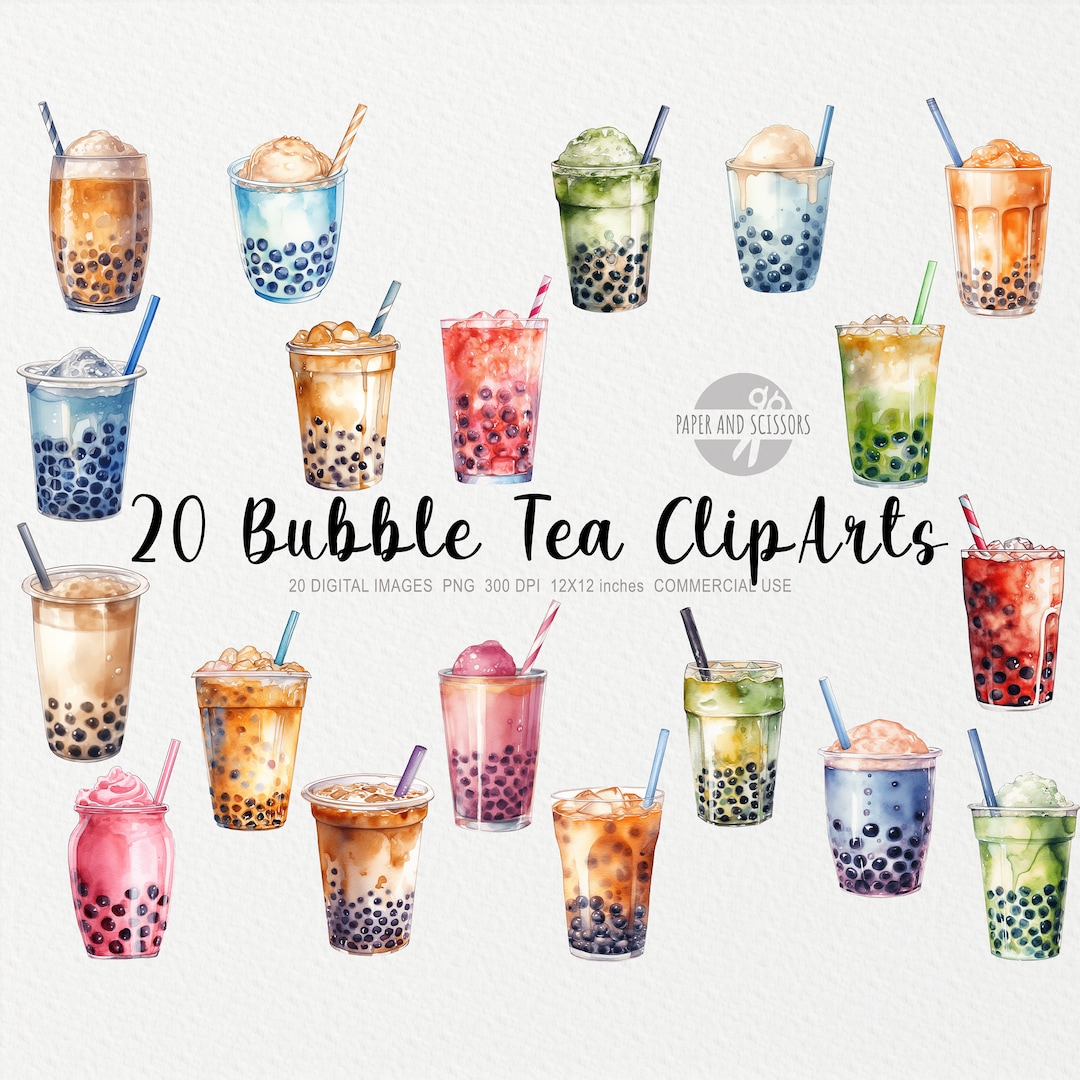20 Bubble Tea Clipart, Bubble Tea PNG, Watercolor Bubble Drink, Boba ...