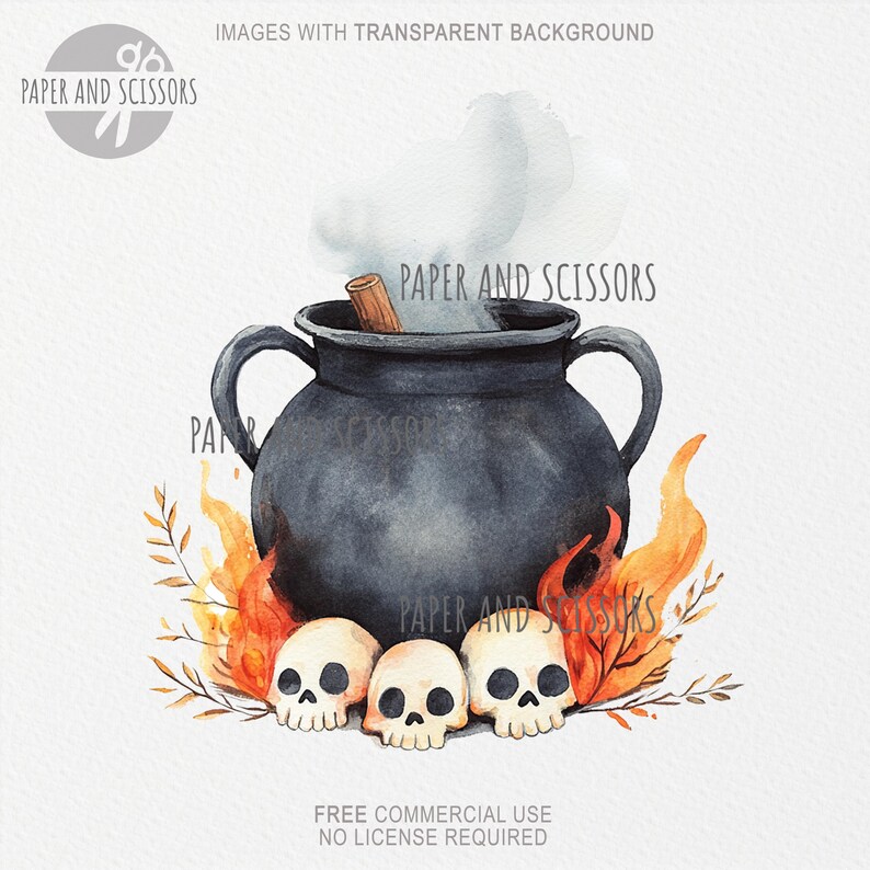 10 Flaming Cauldron Clipart, Skull PNG, Spooky Decor, Candle Stickers ...