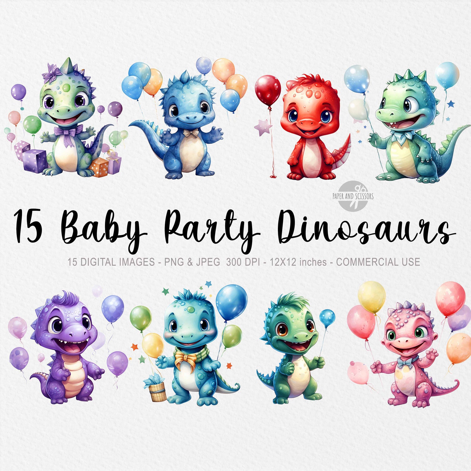 15 Baby Party Dinosaur Watercolor Clipart, Party Dinosaur PNG, Party ...