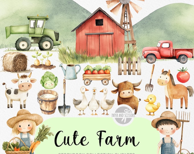 Cute Little Farm Clipart, Watercolor Sweet Farm Clipart, Cottage ...