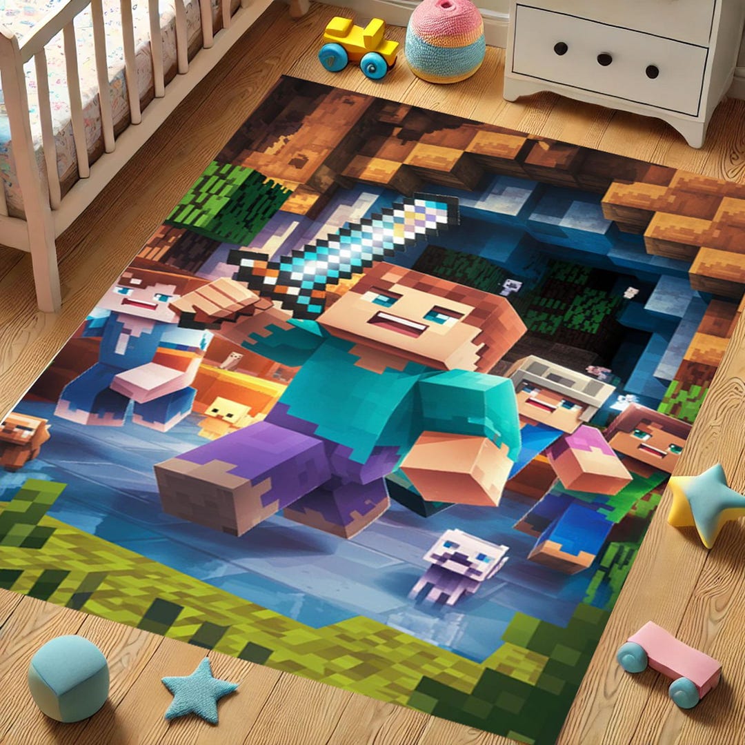 Minecraft Adventure Rug, Gaming Room Mat, Kids Room Carpet, Washable ...