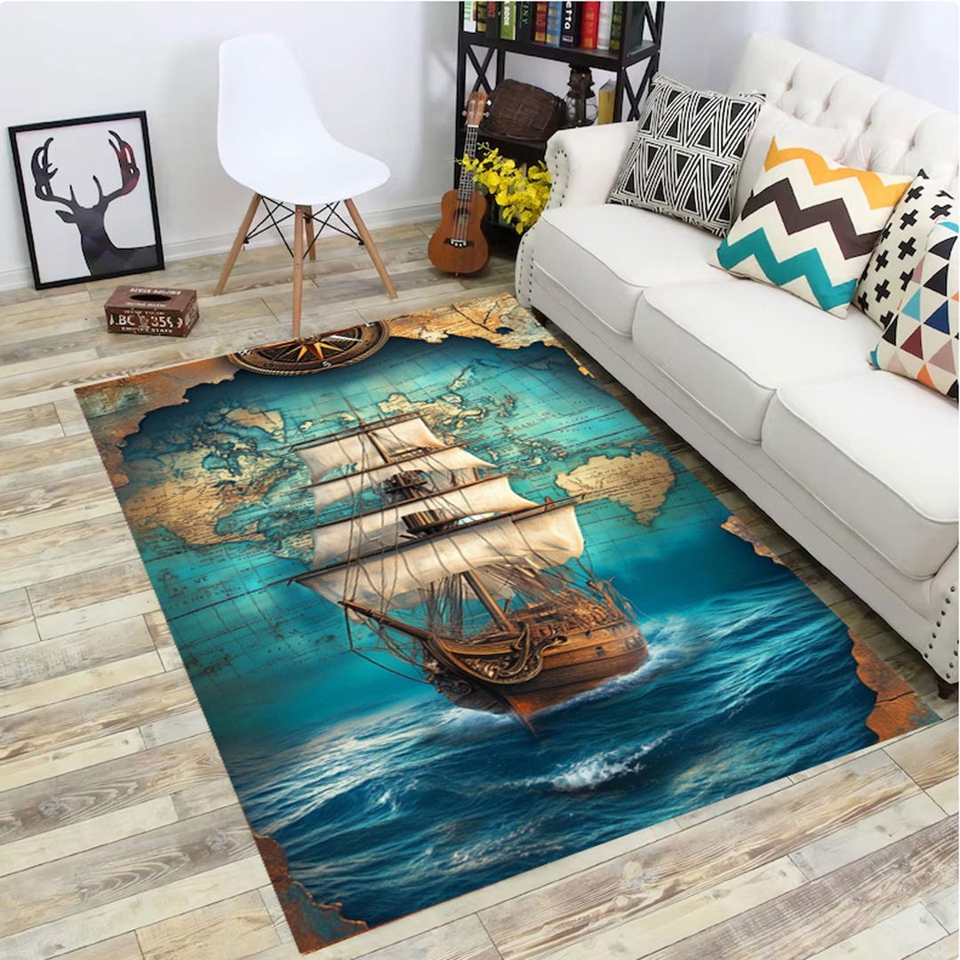Sailing Ship Rug, Vintage Nautical Map Decor, Compass Adventure Rug ...
