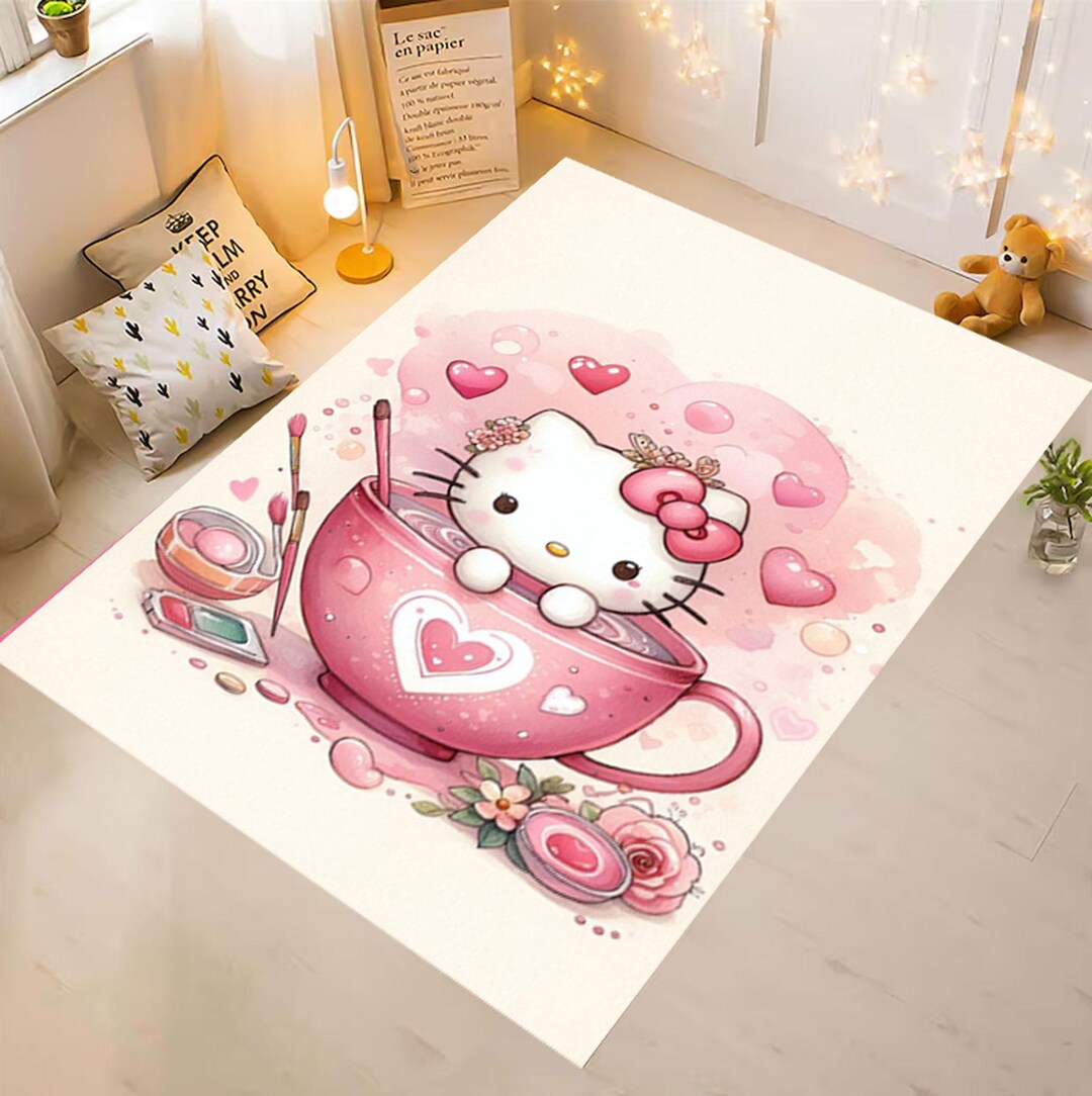 Hello Kitty Pink Aesthetic Rug,cute Kawaii Coffee Cup Carpet, Soft Cozy ...