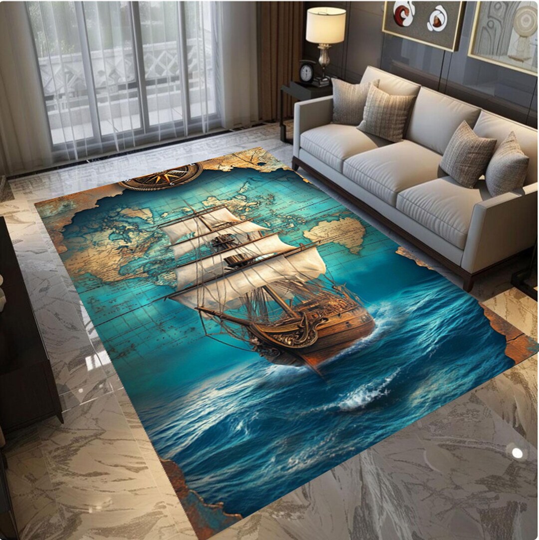 Sailing Ship Rug, Vintage Nautical Map Decor, Compass Adventure Rug ...