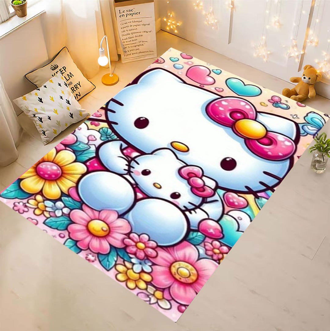 Whimsical Hello Kitty Rug,cute Kawaii Floral Carpet,washable Non-slip ...