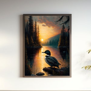 Printable Wall Art, Sunset Loon Lake, Common Loon, Loon Decor, Custom ...