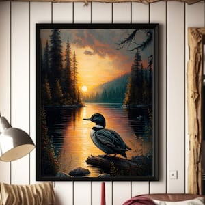 Printable Wall Art, Sunset Loon Lake, Common Loon, Loon Decor, Custom ...