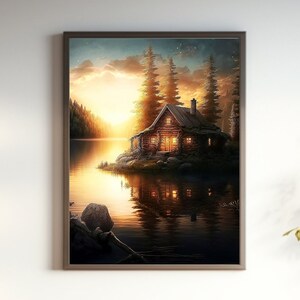 Printable Wall Art, Sunset Lake Cabin Decor, Mountain Poster, Relaxing ...