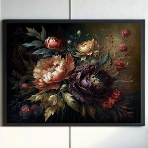 Printable Art, Dark Floral Print, Dark Cottagecore Decor, Moody Floral Prints, Dark Academia ...