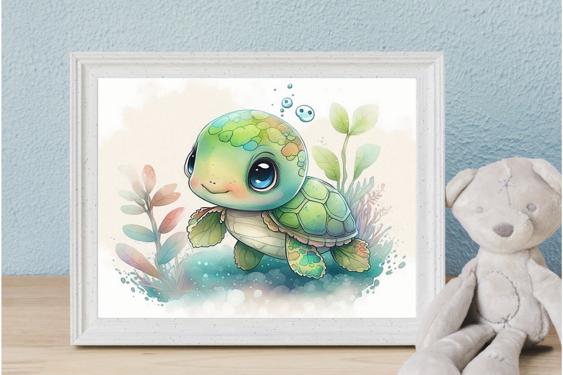 Printable Art, Sea Turtle Nursery, Under the Sea, Cute Baby Turtle ...