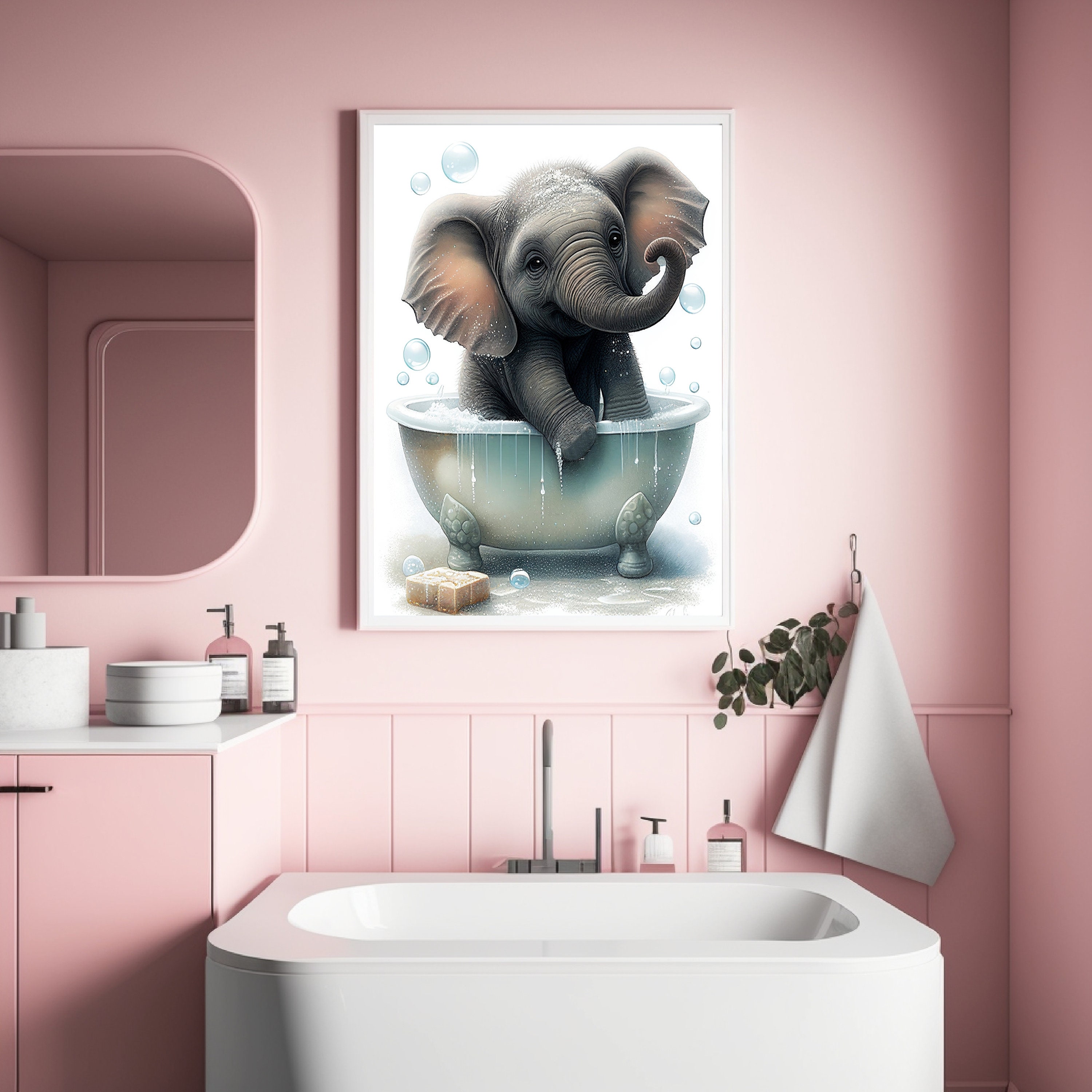 Printable Bath Art, Cute Elephant Bathroom Wall Art, Animal in Bathtub ...