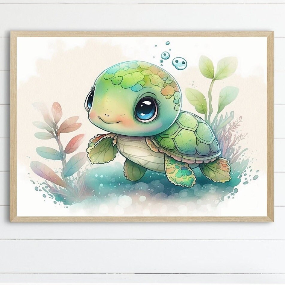 Printable Art, Sea Turtle Nursery, Under the Sea, Cute Baby Turtle ...