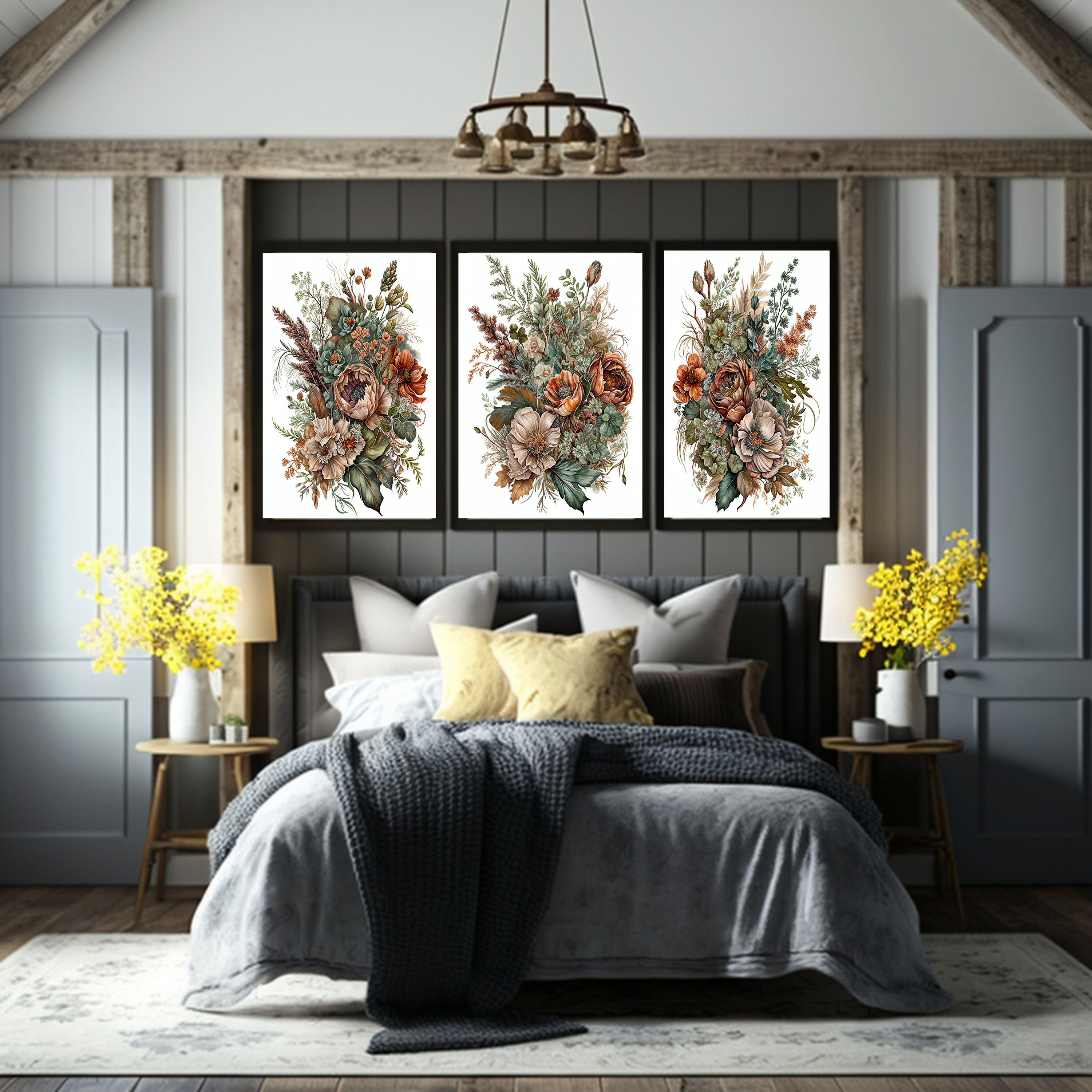 Printable Art Set, Boho Rust Floral TRIO, 3 Piece Wall Art, Gallery ...