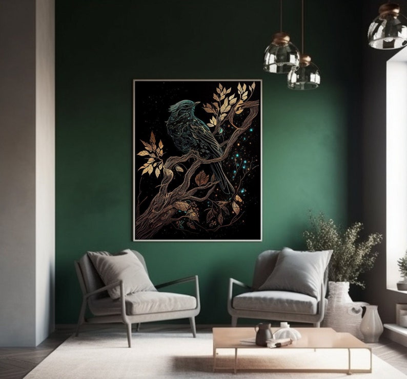 Printable Wall Art, Emerald Green Decor, Raven Art, Enchanted Forest ...