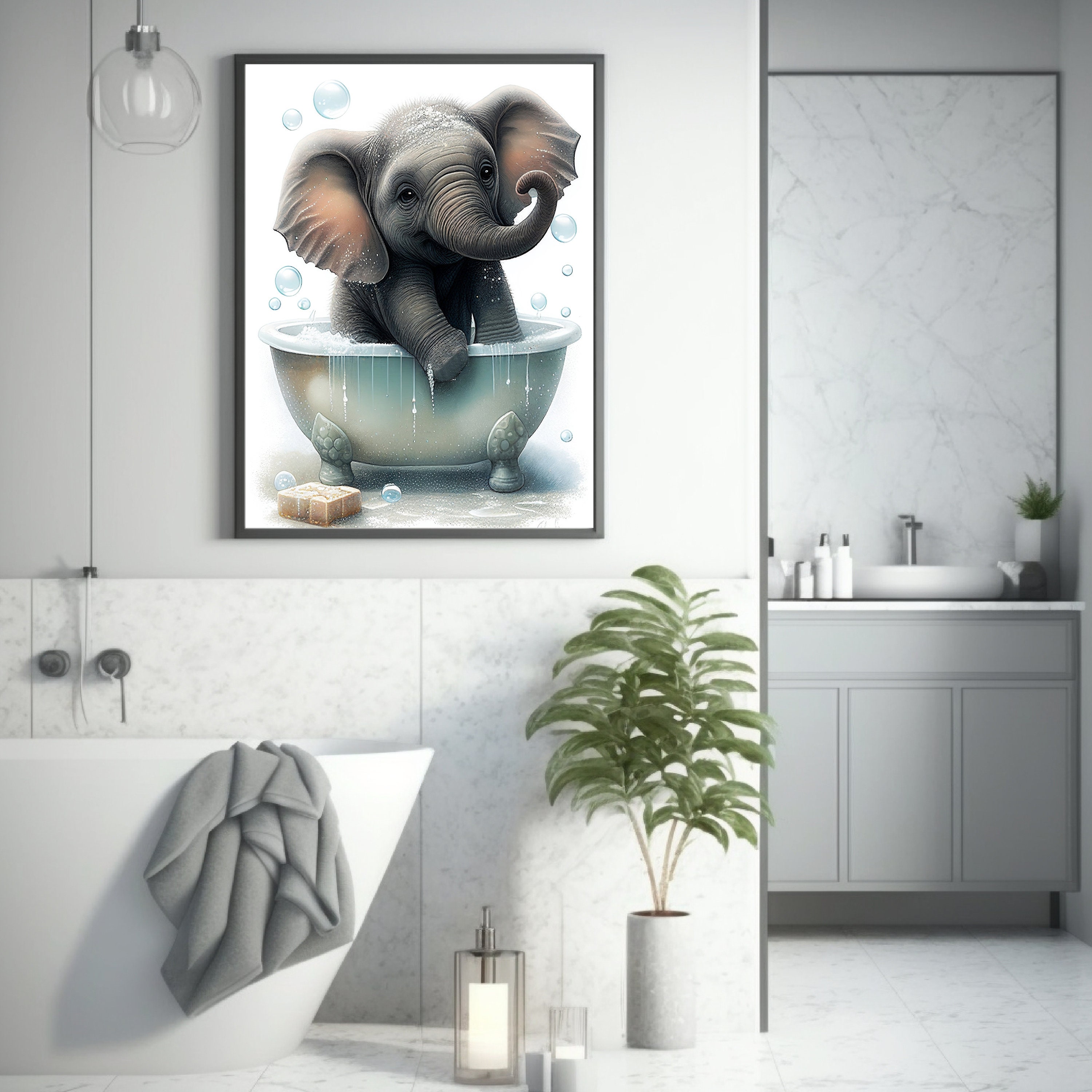 Printable Bath Art, Cute Elephant Bathroom Wall Art, Animal in Bathtub ...