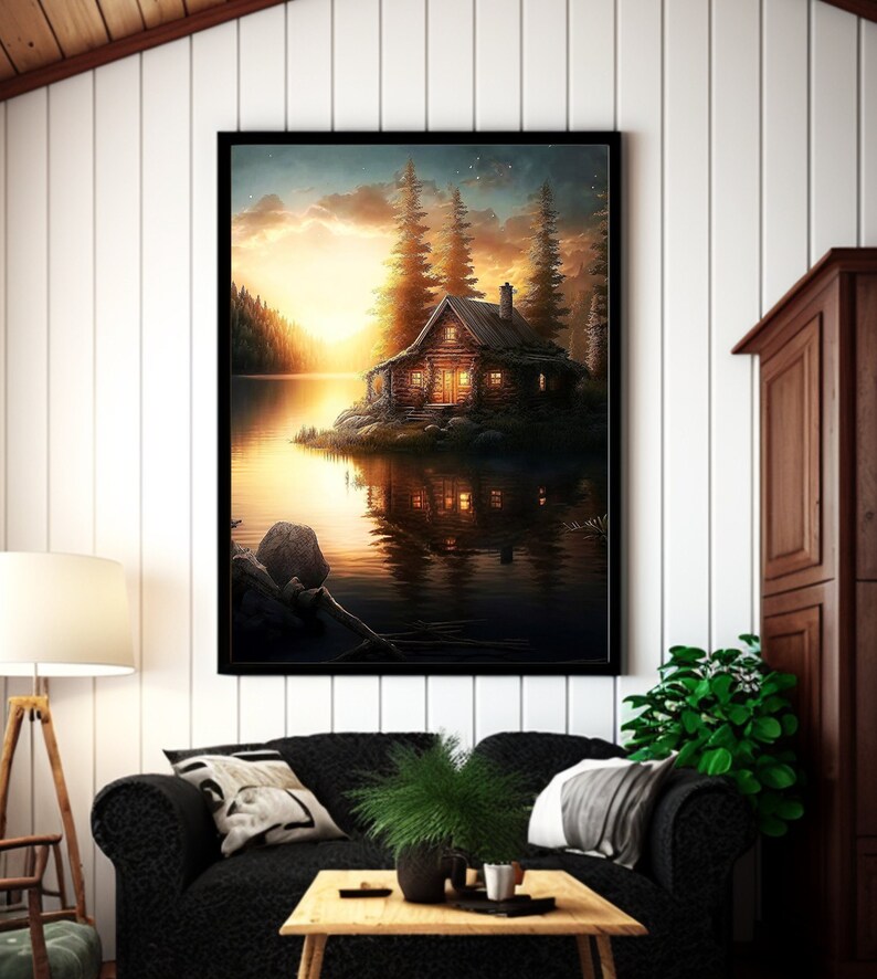 Printable Wall Art, Sunset Lake Cabin Decor, Mountain Poster, Relaxing ...