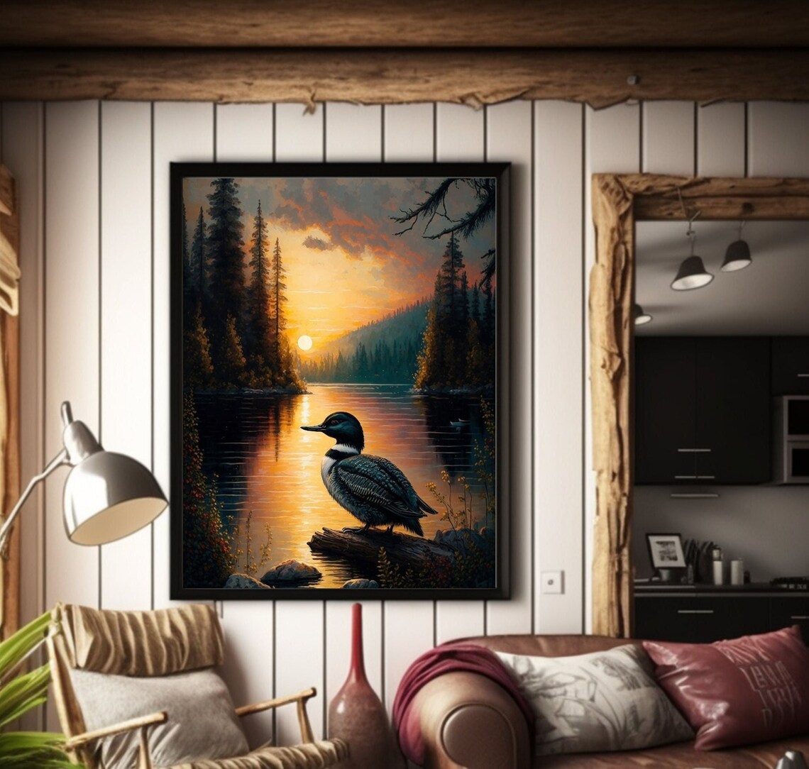 Printable Wall Art, Sunset Loon Lake, Common Loon, Loon Decor, Custom ...