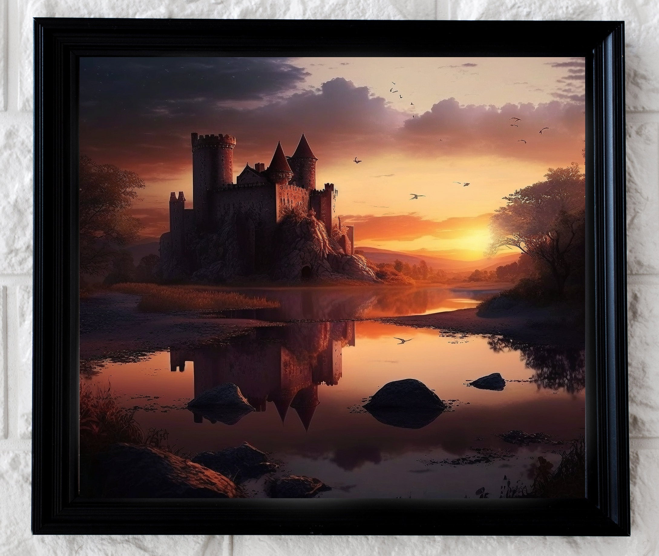 Moody Castle Print, Beautiful Sunset, Riverside, High Fantasy, Digital ...