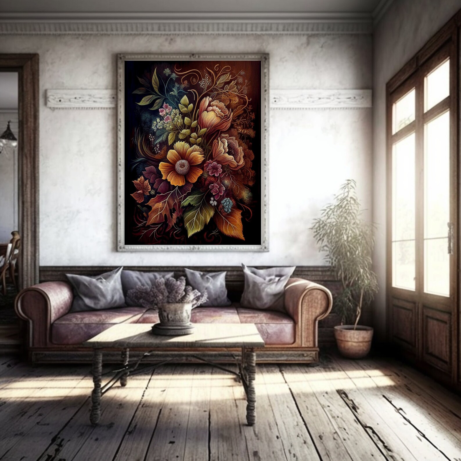 Printable Wall Art, Rust Floral Art Print, Dark Floral Wall Art, Earth ...