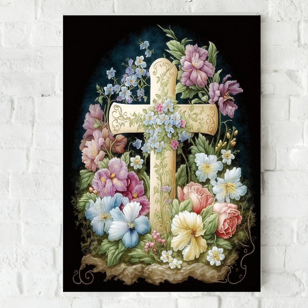 Easter Cross Wall Art, Printable Easter Floral Decor, Easter Decor ...