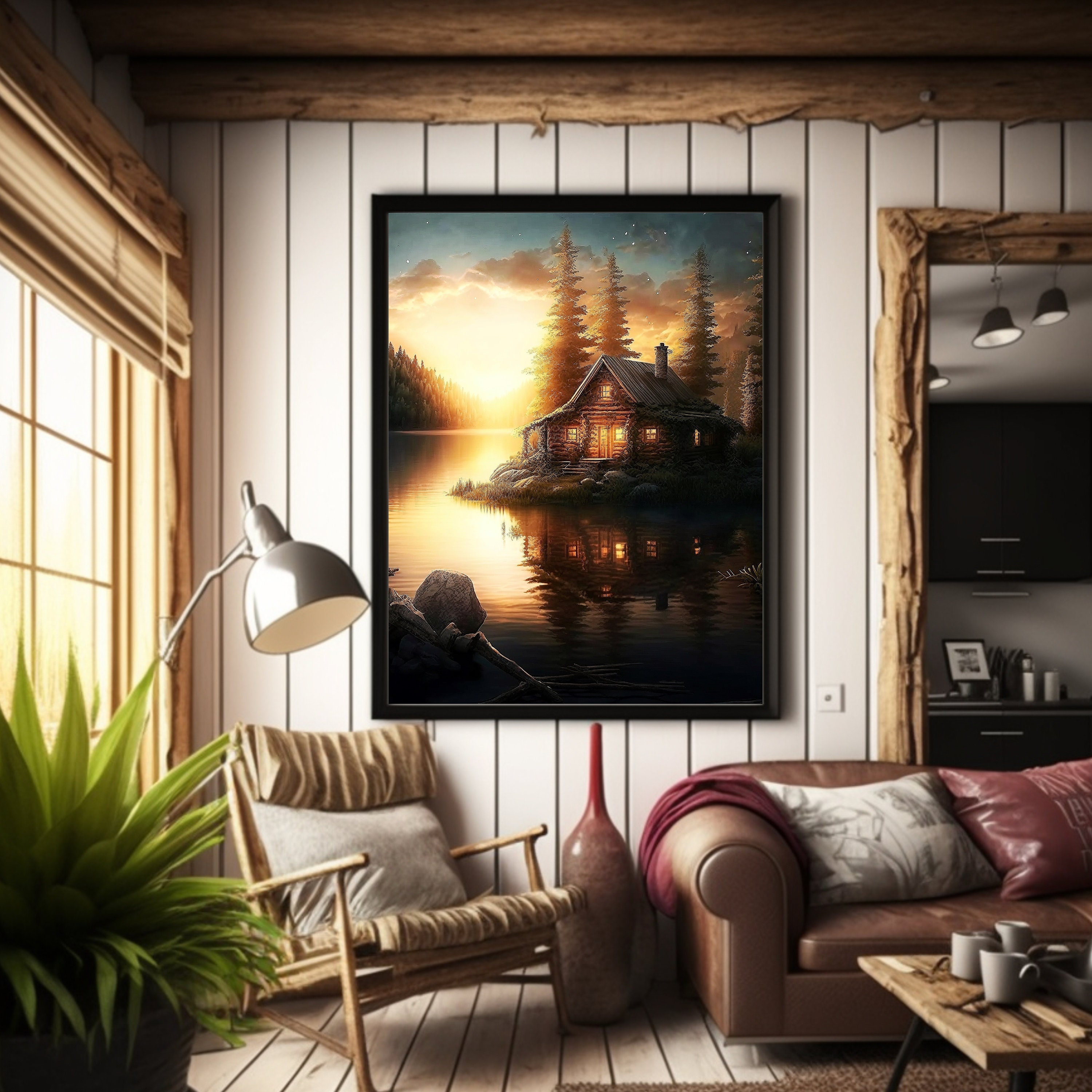 Printable Wall Art, Sunset Lake Cabin Decor, Mountain Poster, Relaxing ...