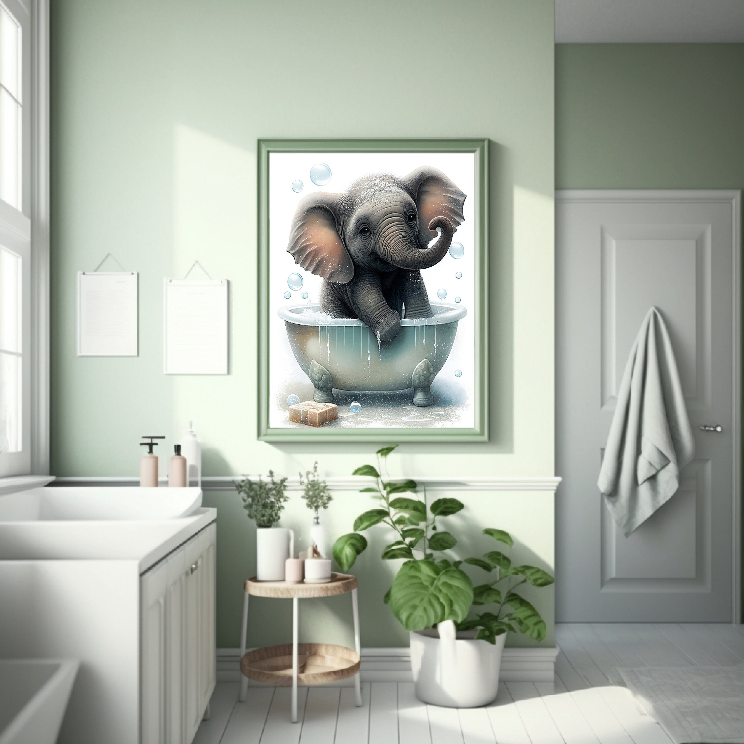 Printable Bath Art, Cute Elephant Bathroom Wall Art, Animal in Bathtub ...