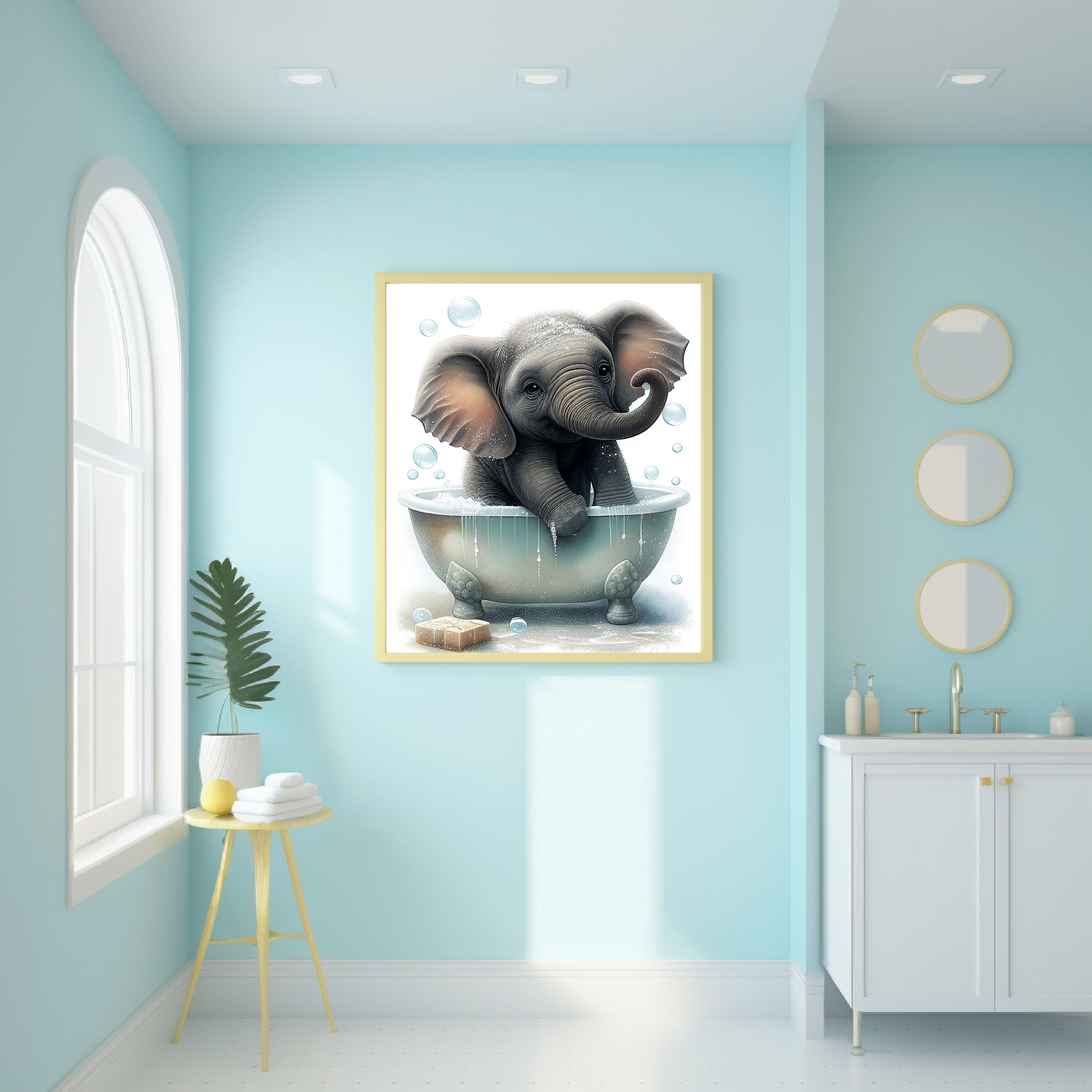 Printable Bath Art, Cute Elephant Bathroom Wall Art, Animal in Bathtub ...