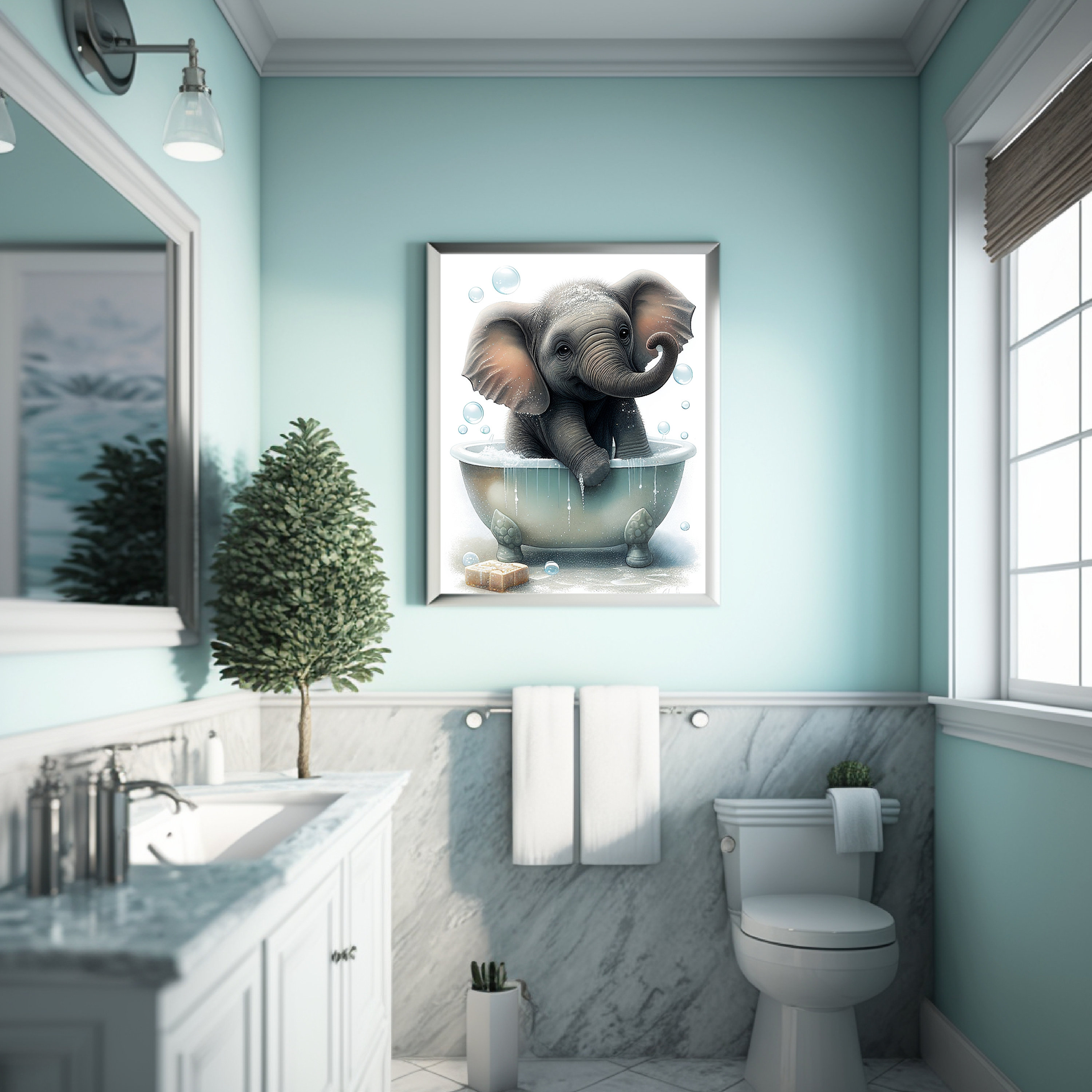 Printable Bath Art, Cute Elephant Bathroom Wall Art, Animal in Bathtub ...
