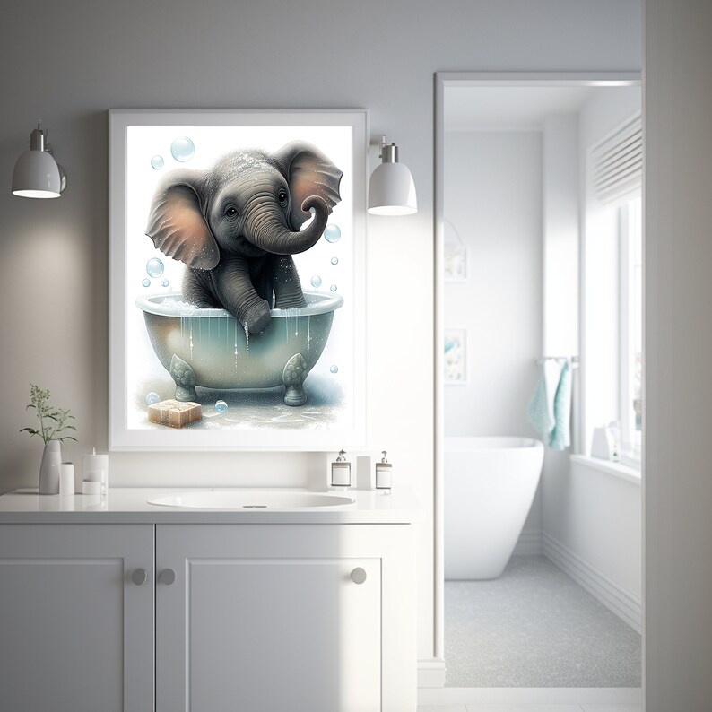 Printable Bath Art Cute Elephant Bathroom Wall Art Animal in - Etsy