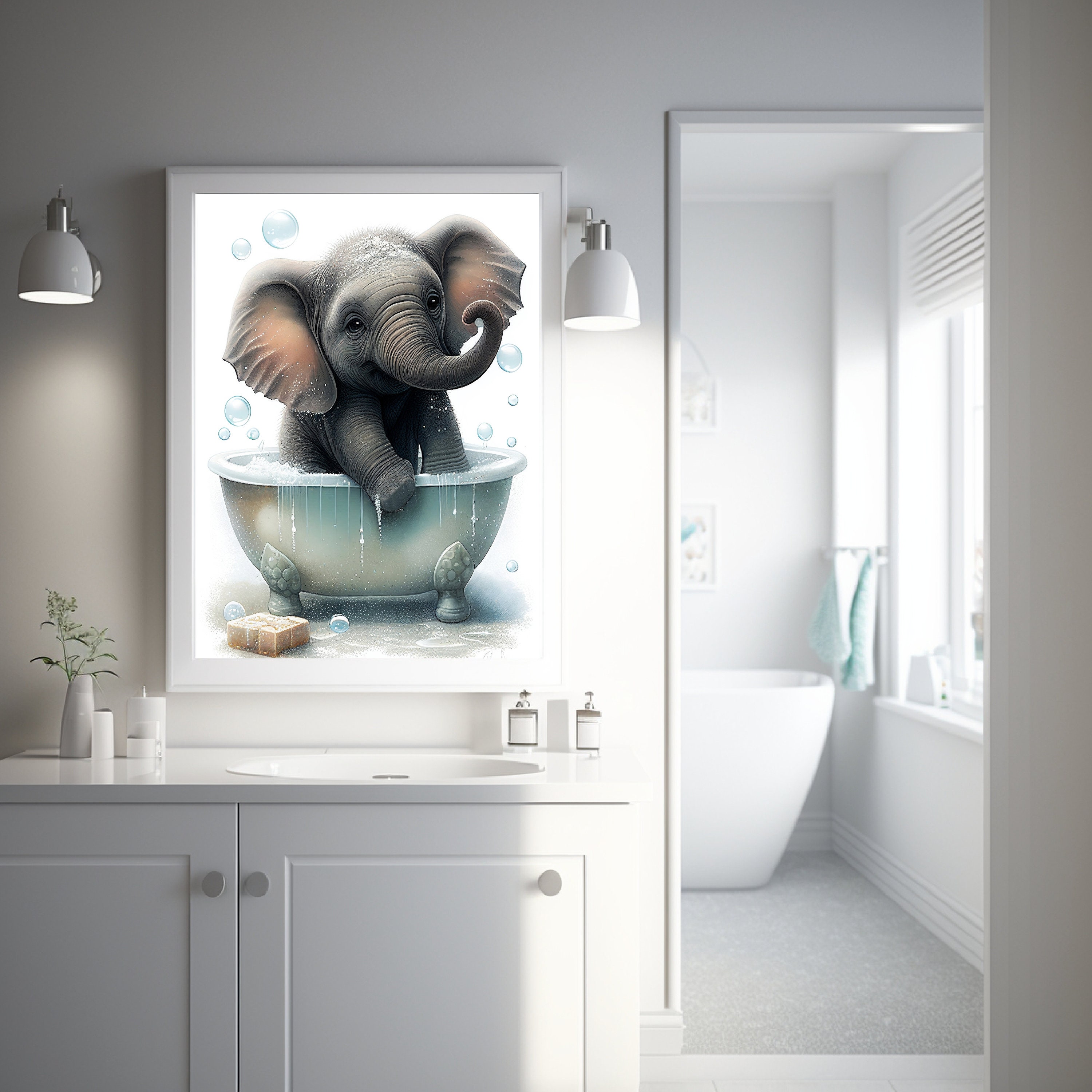 Printable Bath Art, Cute Elephant Bathroom Wall Art, Animal in Bathtub ...