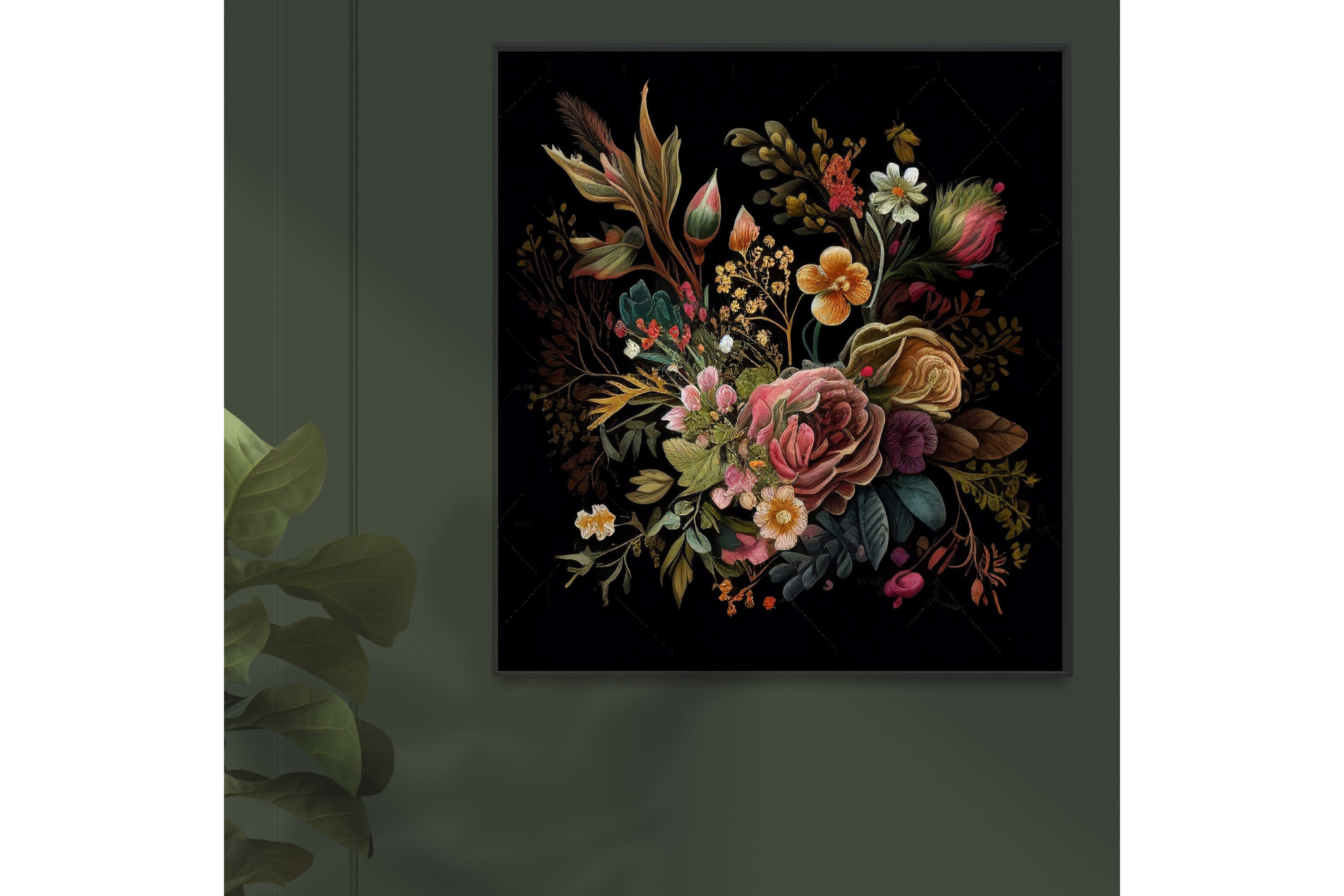 Moody Black Floral Art, Botanical Print, Bohemian Florals, Drama ...