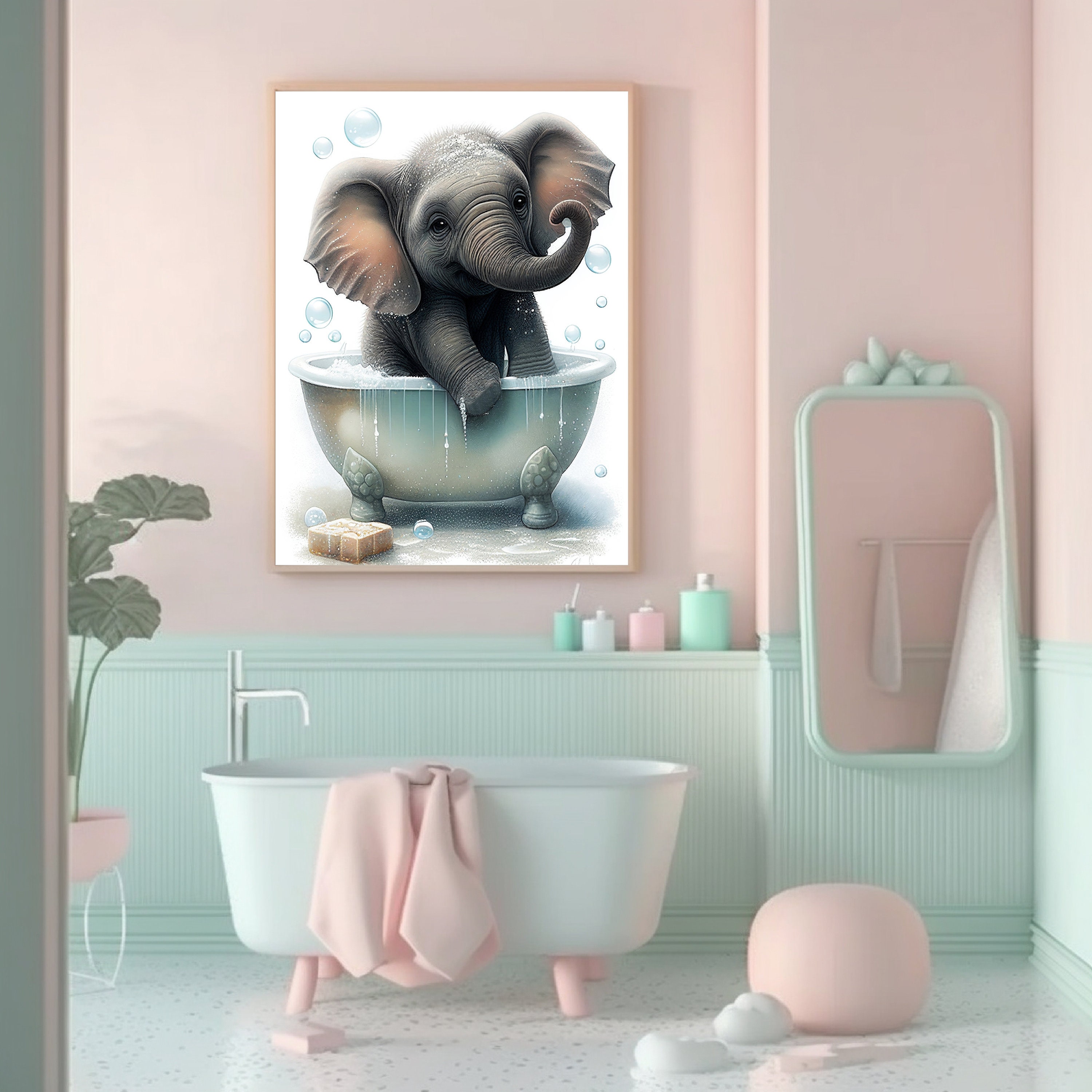Printable Bath Art, Cute Elephant Bathroom Wall Art, Animal in Bathtub ...