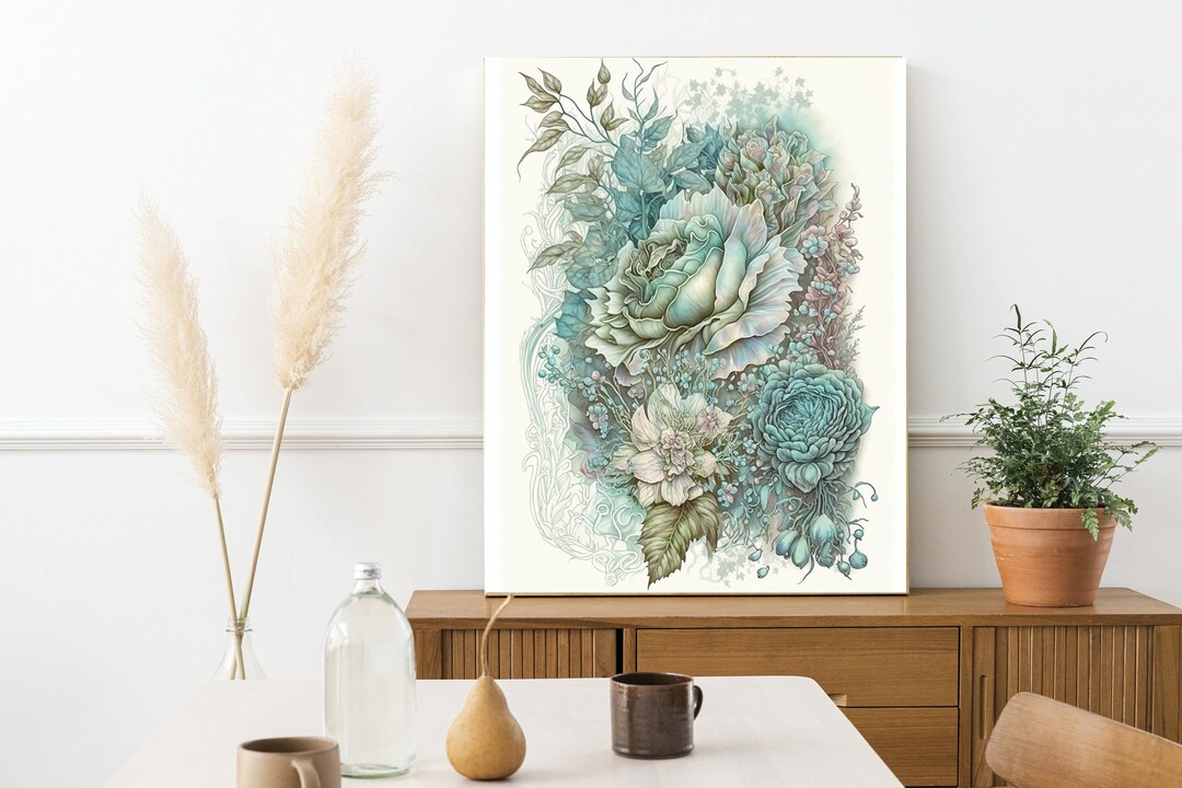 Printable Wall Art, Seafoam Boho Floral Style 1, Light Blue and Green ...