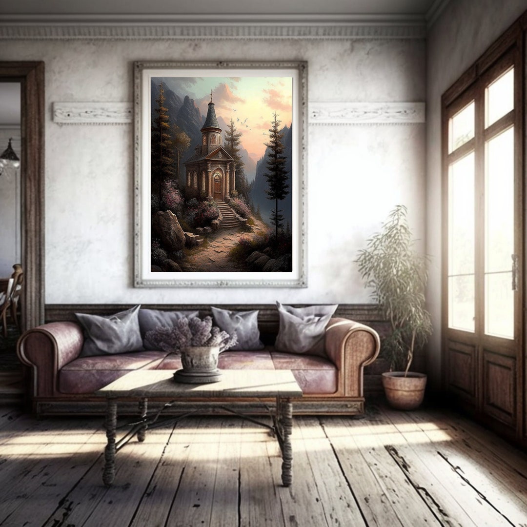 Printable Wall Art, Woodland Chapel, Earth Tones Wall Art, Mountain ...