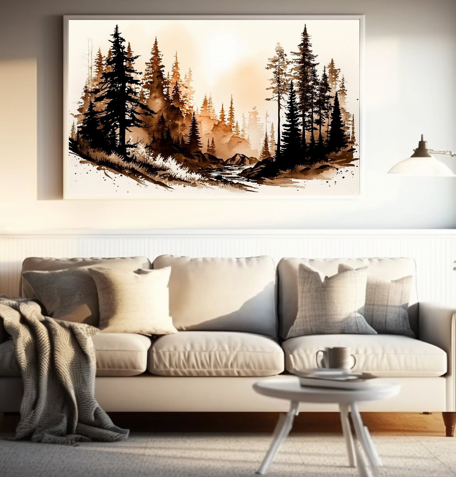 Printable Art, Watercolor Rust Forest, Pine Tree Art, Log Cabin Decor ...