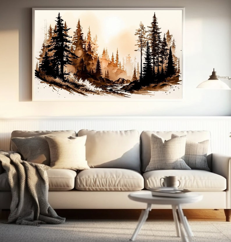 Printable Art, Watercolor Rust Forest, Pine Tree Art, Log Cabin Decor ...