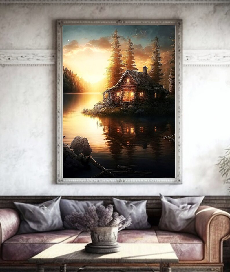 Printable Wall Art Sunset Lake Cabin Decor Mountain Poster - Etsy