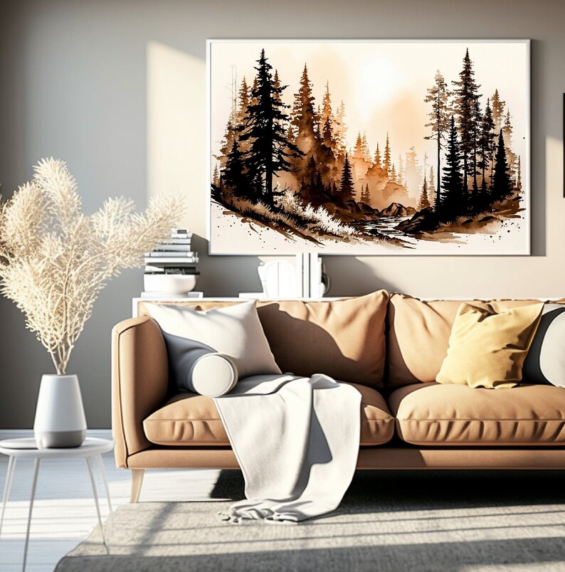 Printable Art, Watercolor Rust Forest, Pine Tree Art, Log Cabin Decor ...