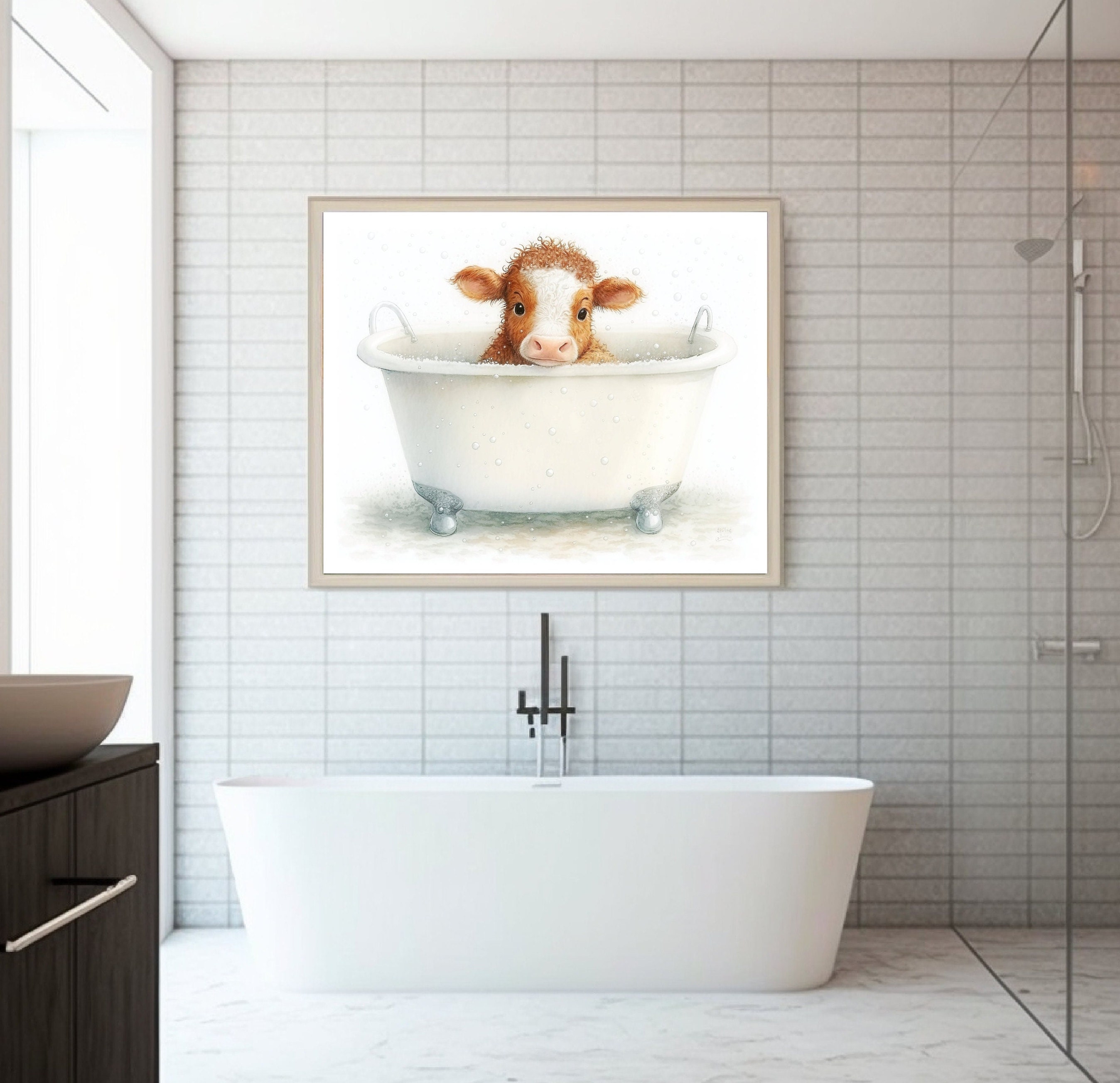 Printable Art, Cute Cow Bath Decor, Farmcore Decor, Bathtub Cow, Jersey ...