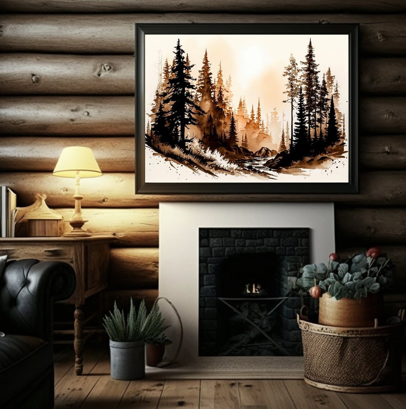 Printable Art, Watercolor Rust Forest, Pine Tree Art, Log Cabin Decor ...